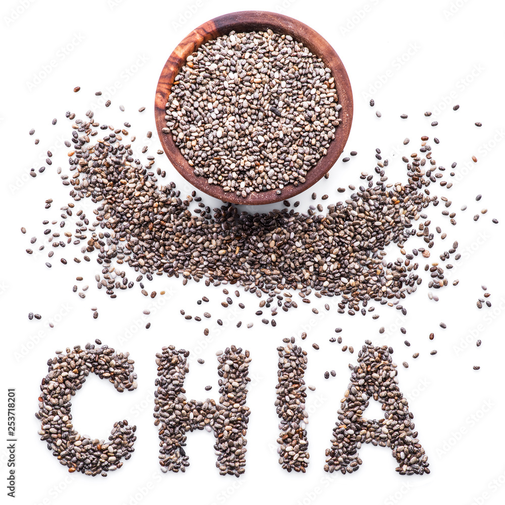 Chia word made up of chia seeds isolated on white background. Top view ...
