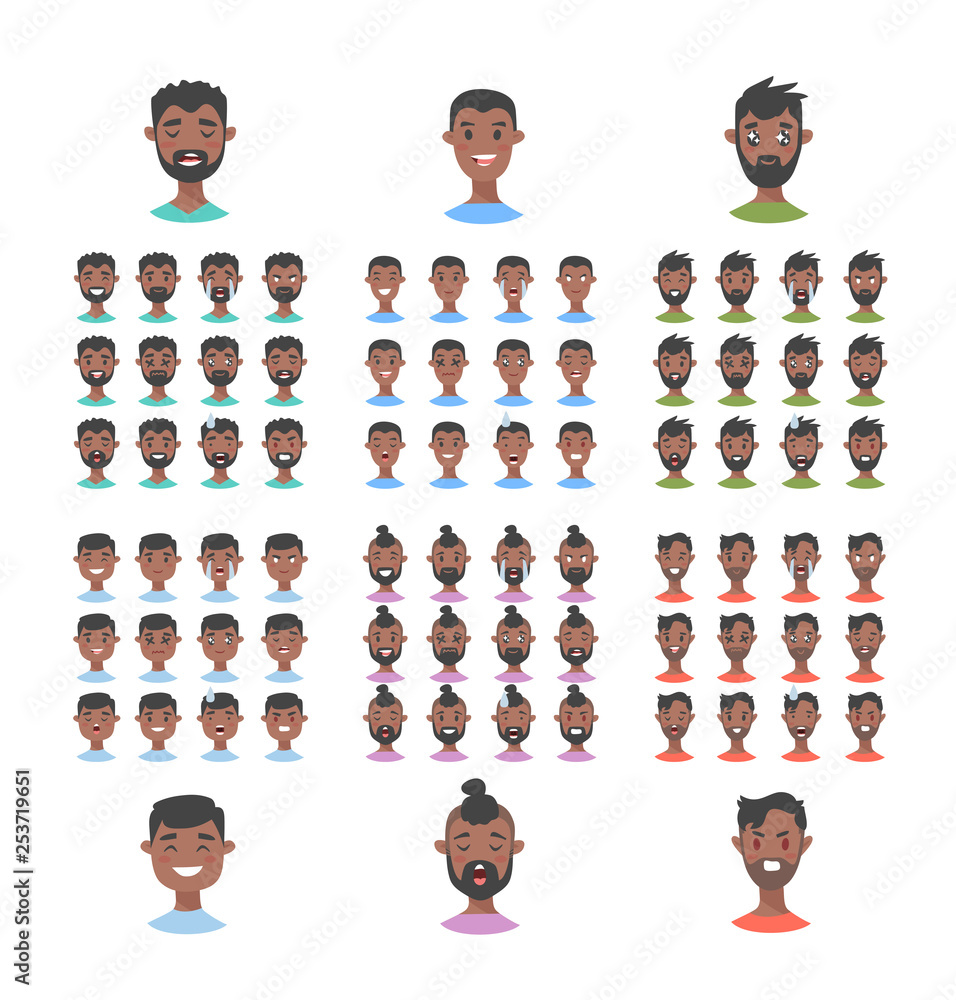 Set of male emoji characters. Cartoon style emotion icons. African ...