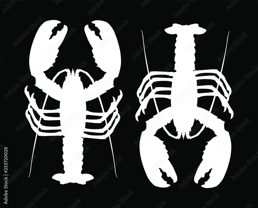 Lobster vector silhouette isolated on black background. Crayfish or ...