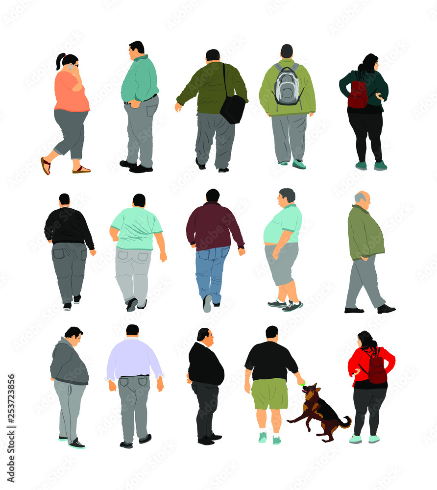 Fat man walking health care activity vector. Overweight people trouble ...