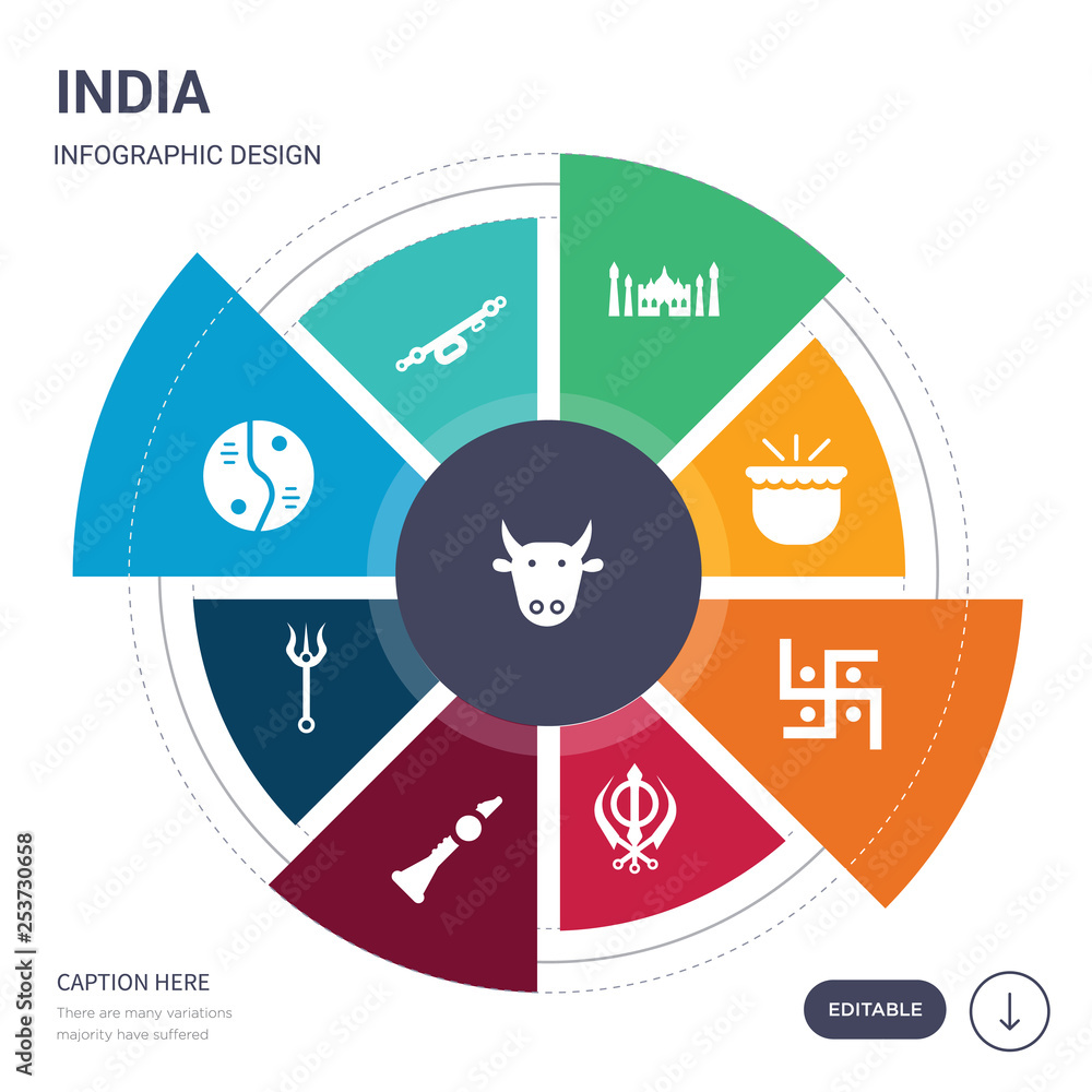 set of 9 simple india vector icons. contains such as sac cow, saraswati ...