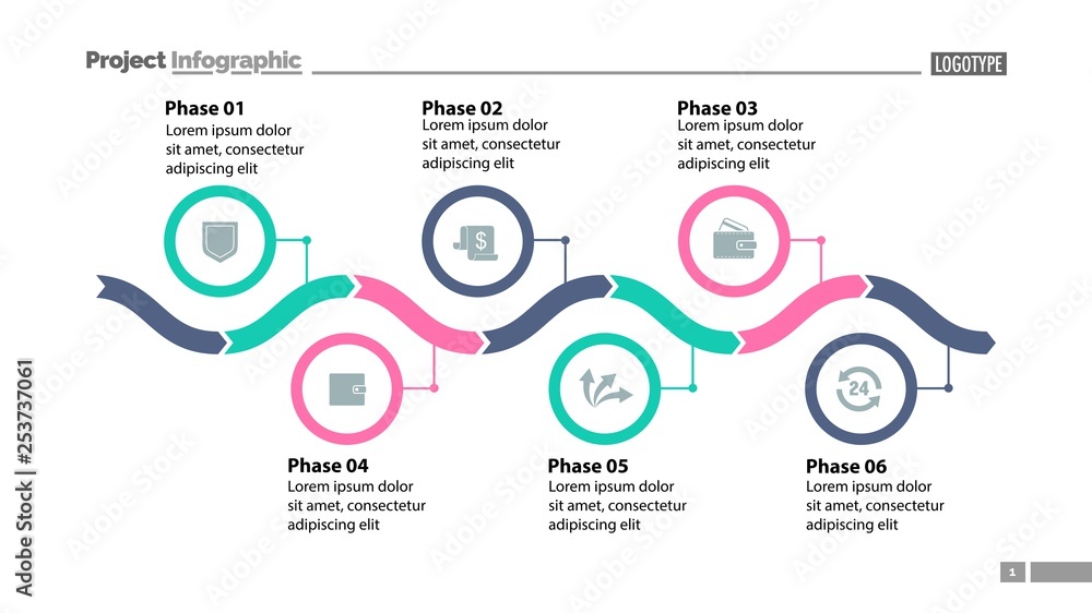 Six phase process chart slide template design Stock 벡터 | Adobe Stock