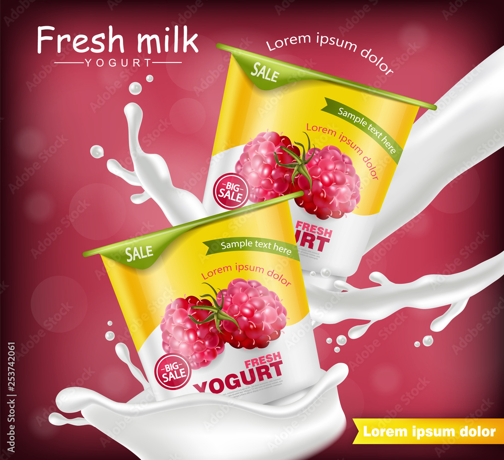 Raspberry yogurt Vector realistic. Product placement mock up. Fresh ...