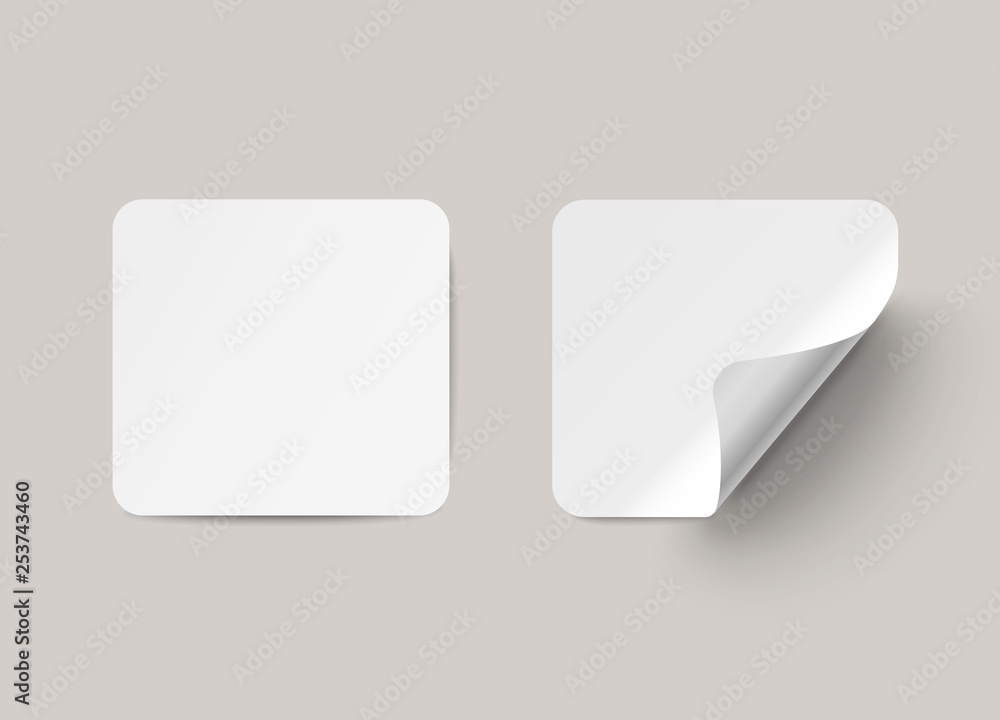 Vector square paper labels with curved corner and shadow, on ...