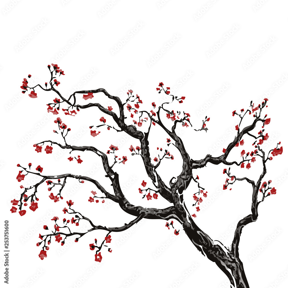 Sakura tree, cherry blossom vector illustration on white background ...