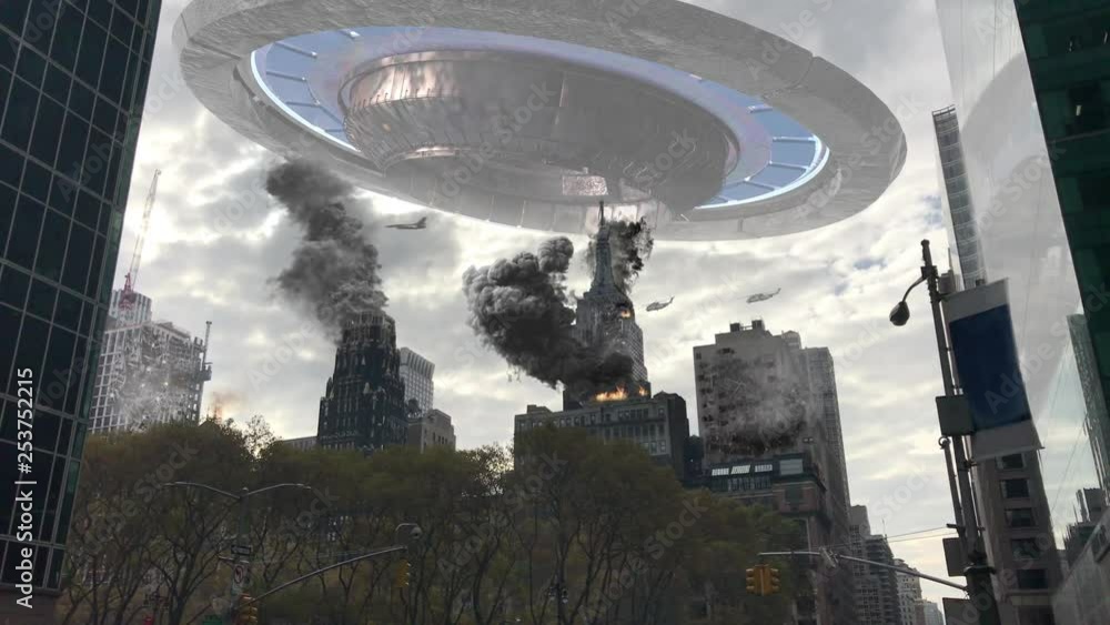 Alien Spaceship Hovering over Destroyed New York City Buildings Video ...