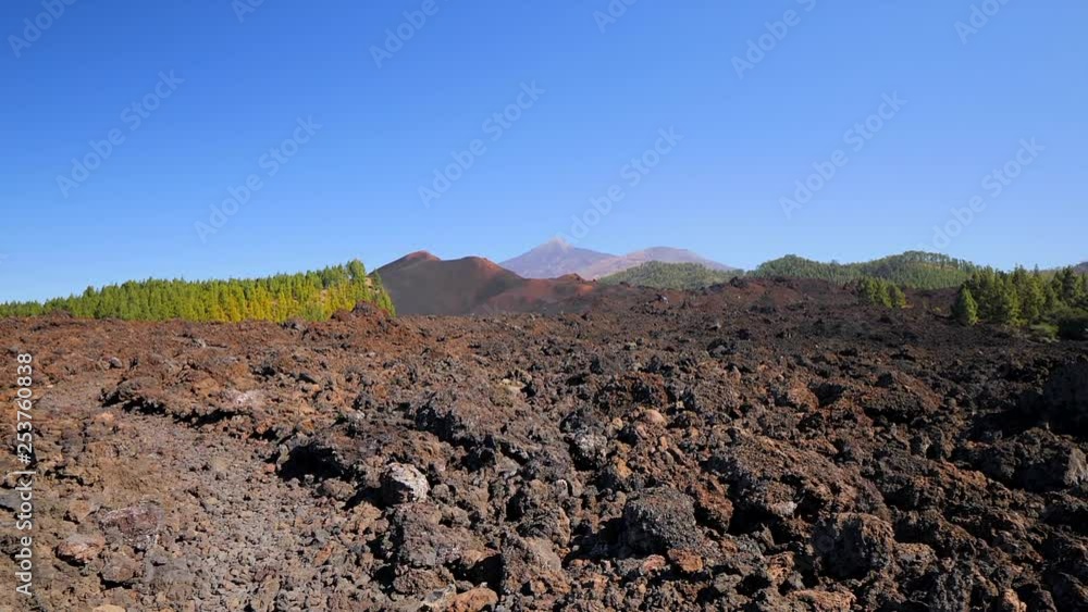 Wide angle shot of volcanic cone Chinyero and the lava flow field, last ...