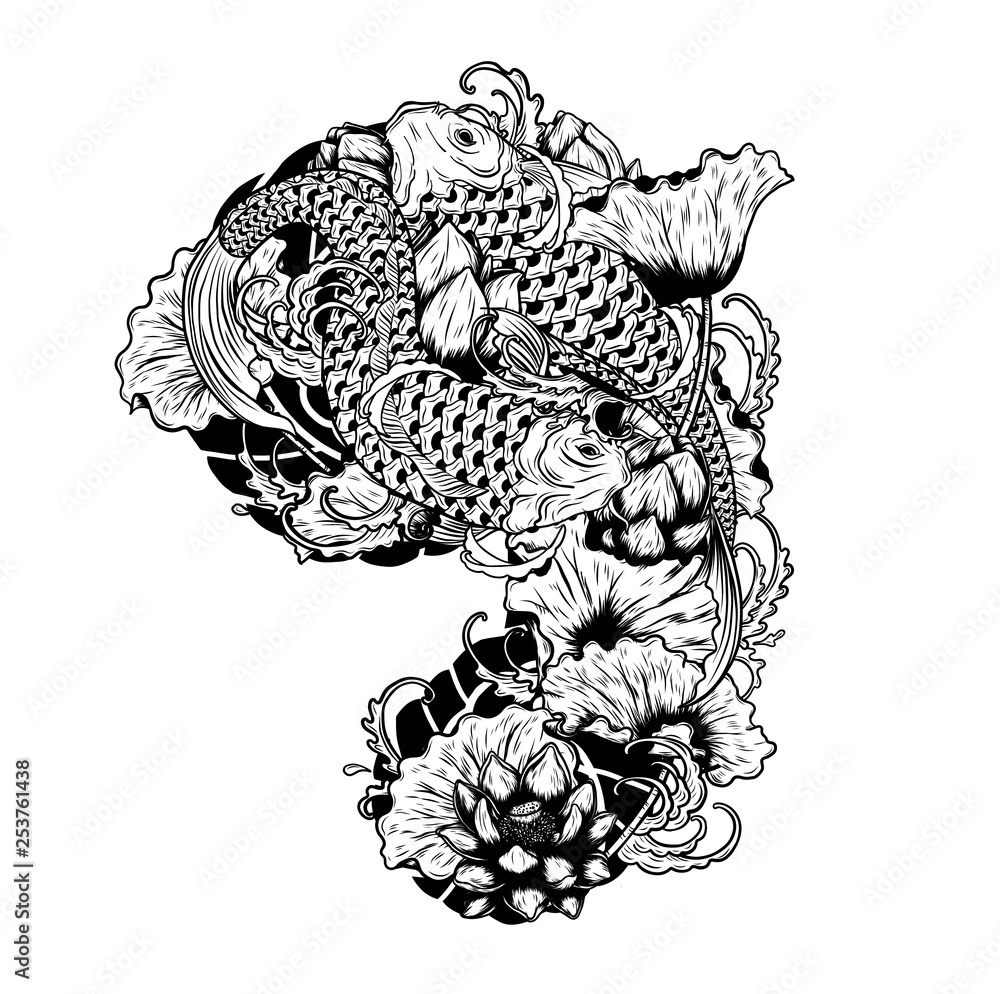 Detailed Black And White Koi Fish Drawings