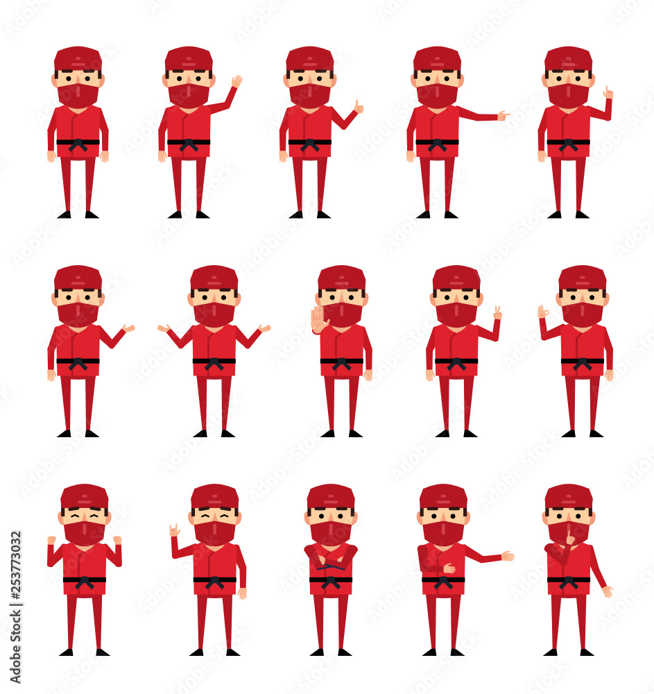 Set of ninja characters in red suit showing various hand gestures ...