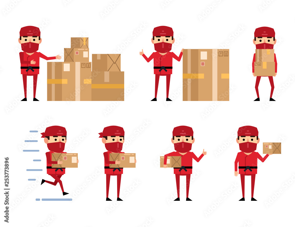 Set of ninja characters in red suit posing with parcel box. Funny ninja ...