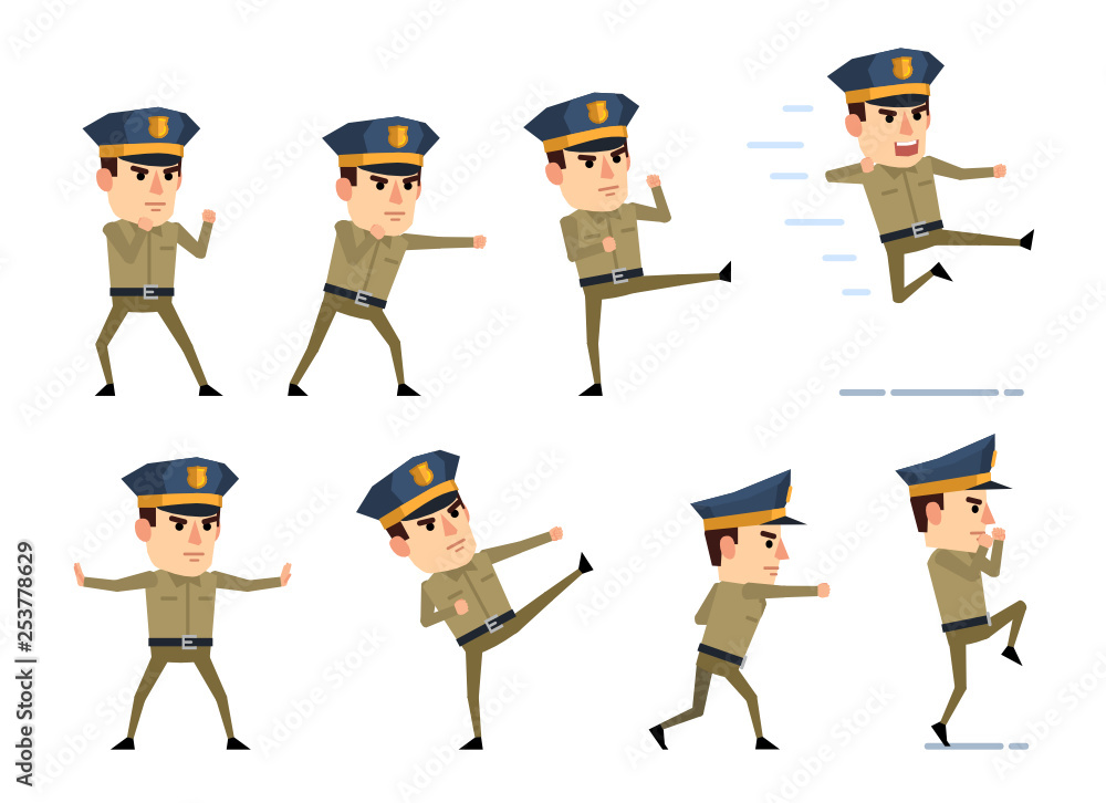 Set of policeman characters showing diverse fight actions. Funny police ...