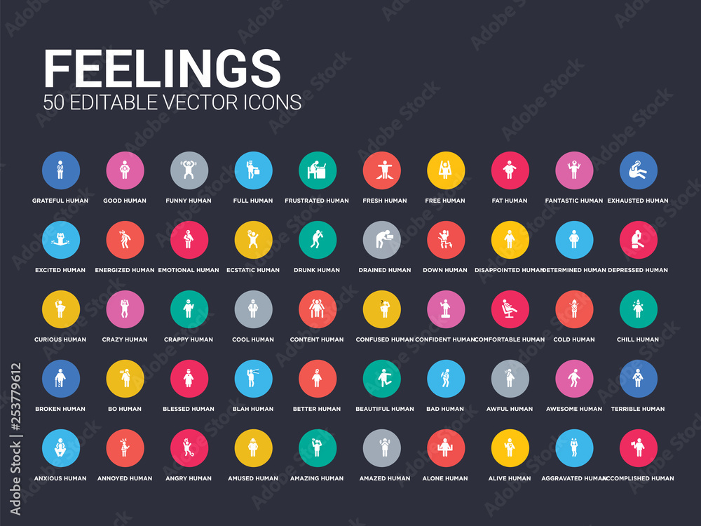 50 feelings set icons such as accomplished human, aggravated human ...