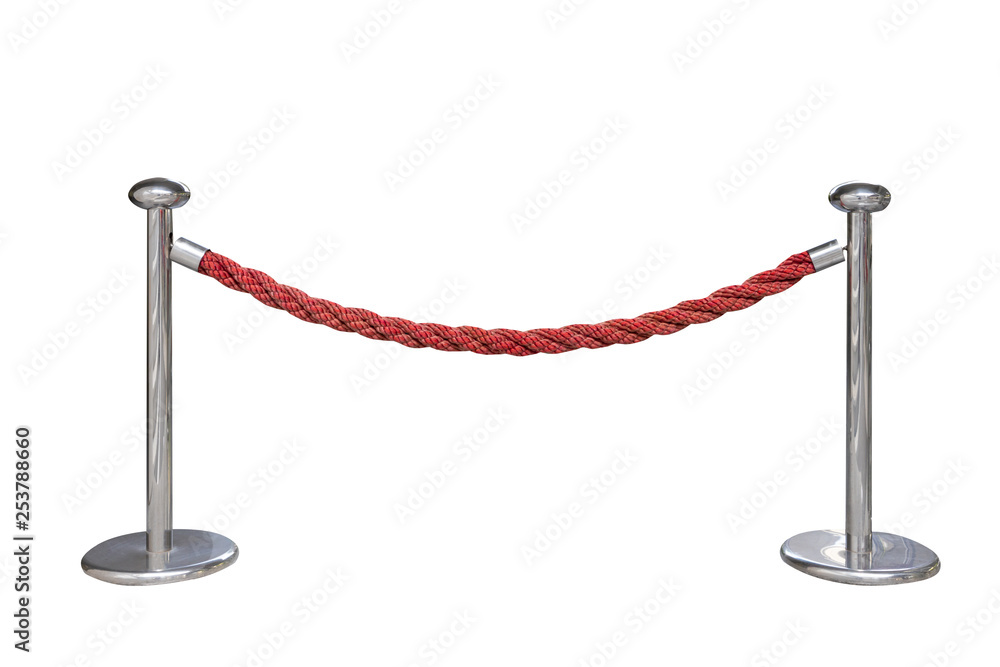 red rope Barrier with stainless steel poles isolate on white background ...