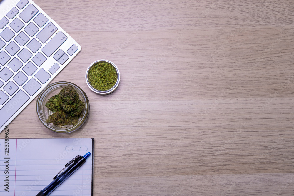 Flat lay, Top view office table desk, Workspace with marijuana buds ...