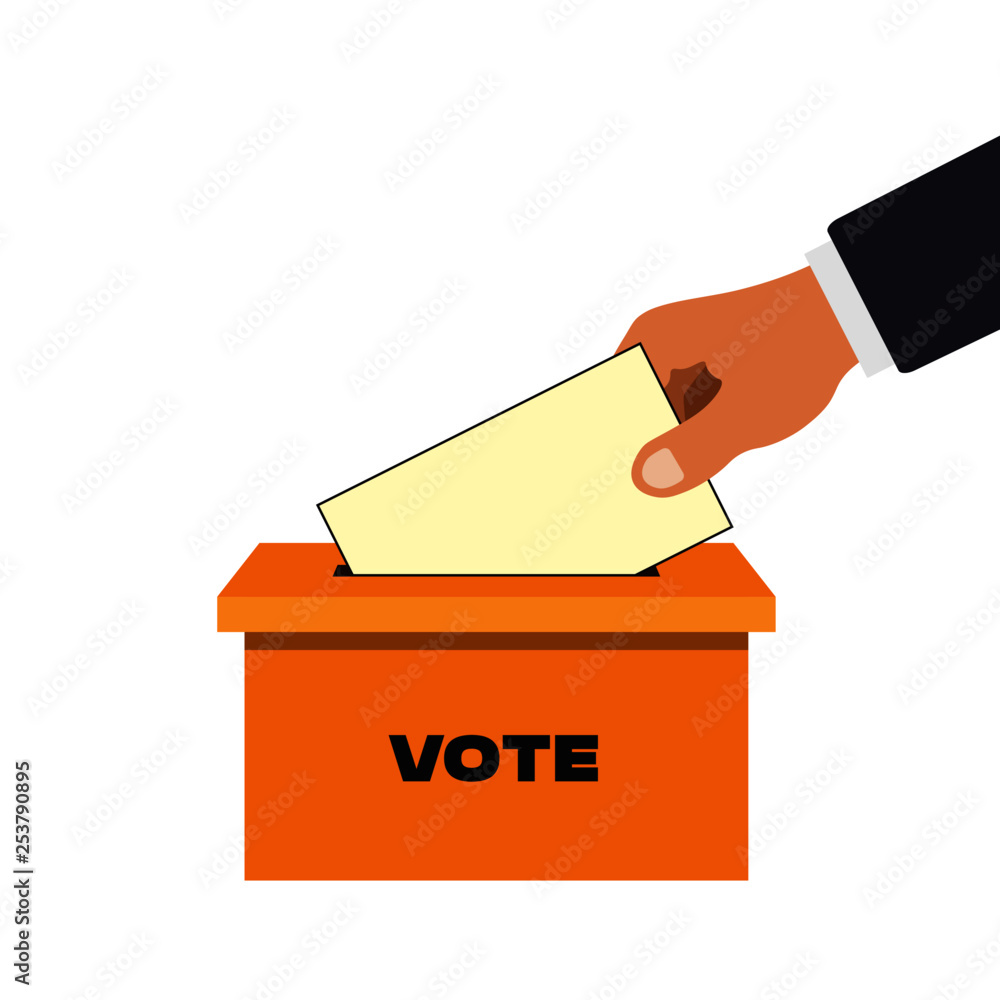 Voting concept in a flat style. Businessman hand putting voting paper ...