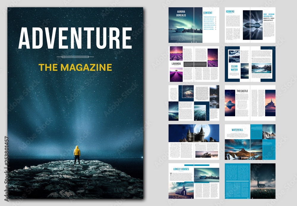 Magazine Layout with Blue Accents Stock Template | Adobe Stock