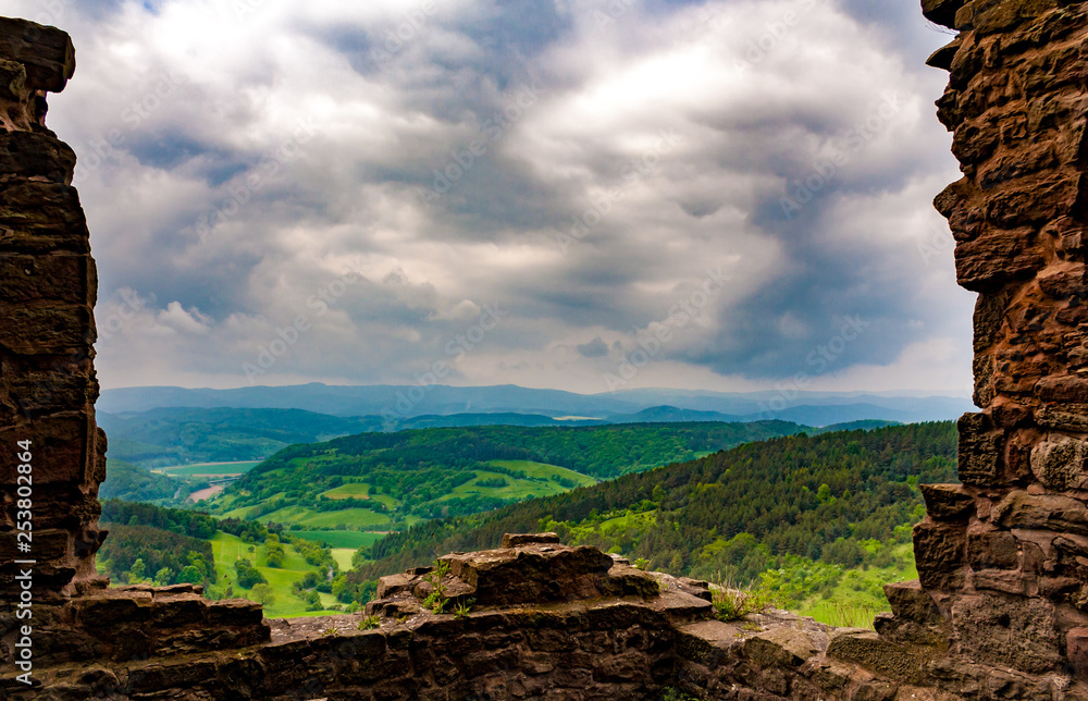 Lovely panoramic view of the landscape in Central Germany framed by the ...