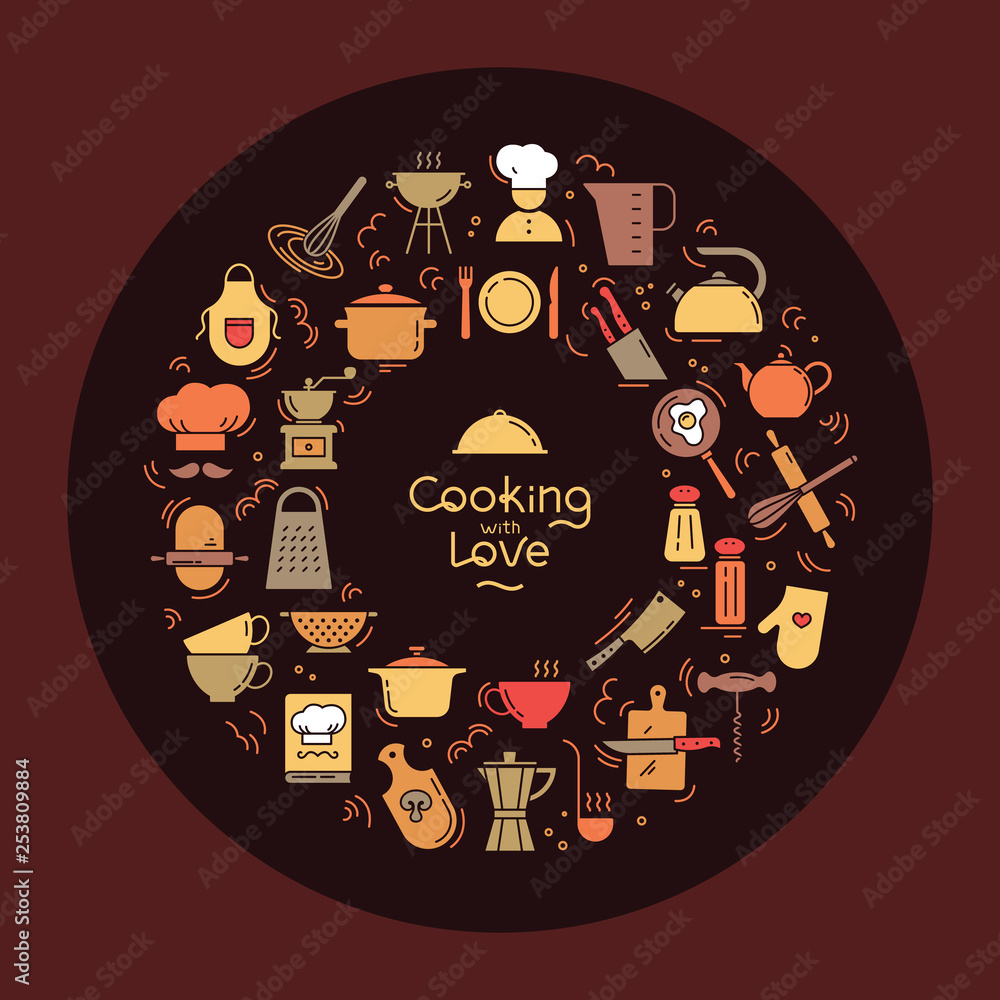 Cooking with love circular Background from icons on the theme of the ...