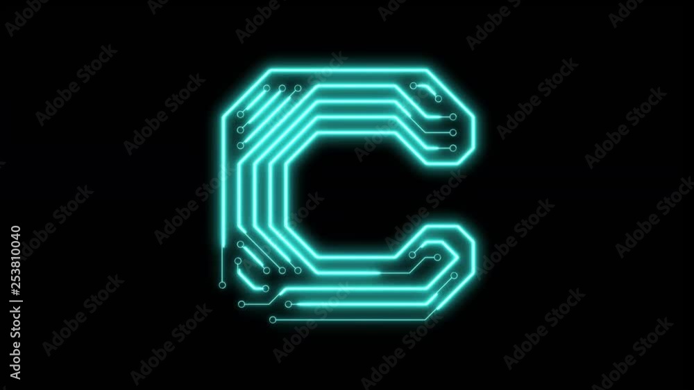 Animated blue neon glowing alphabet letter C as circuit board style ...