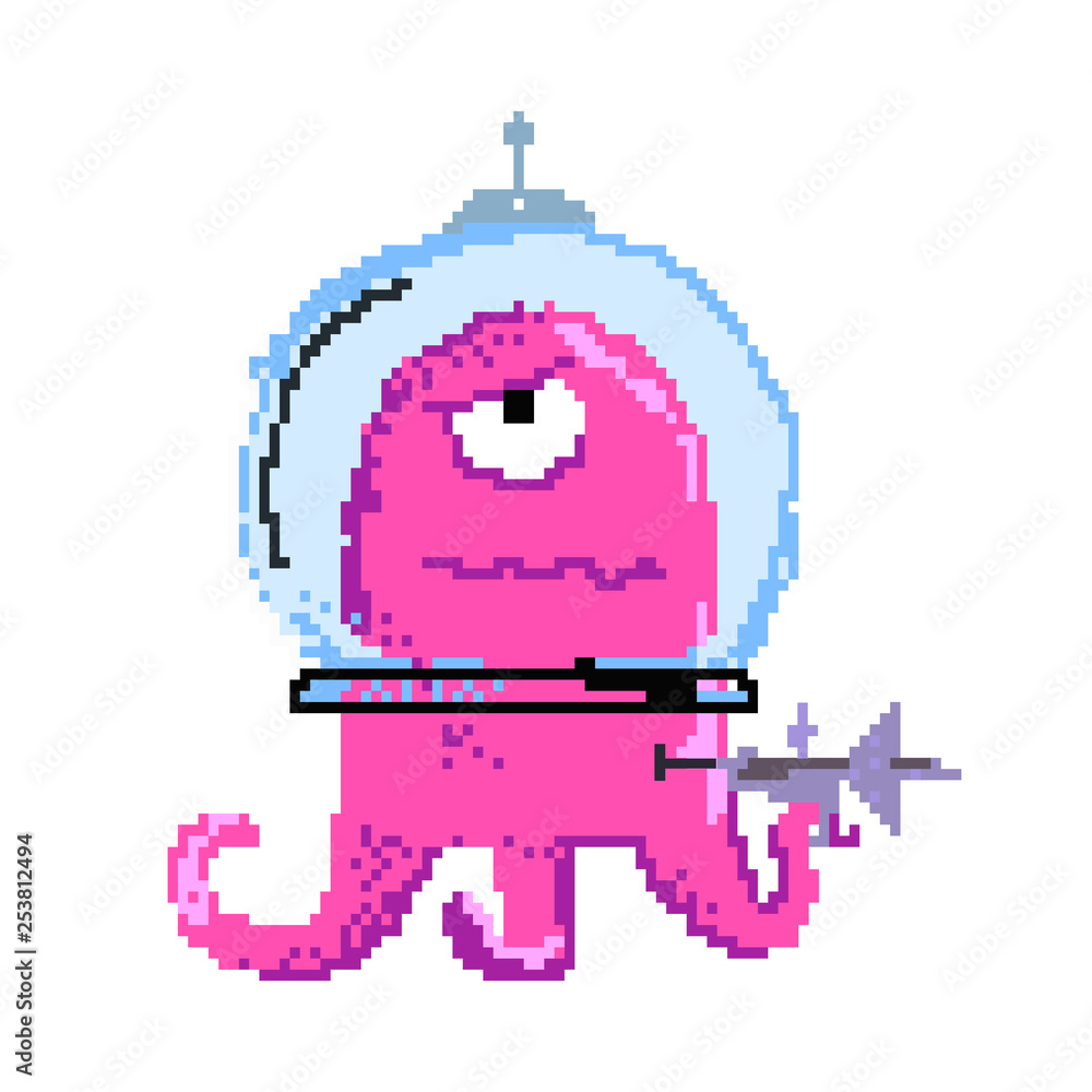 Serious alien wearing spacesuit. Pixel monster in helmet holding weapon ...