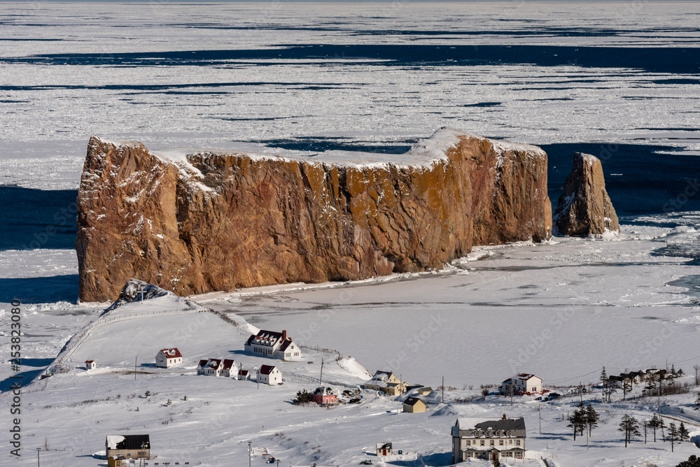 Winter view of the Percé Rock from one of the viewpoints along the ...