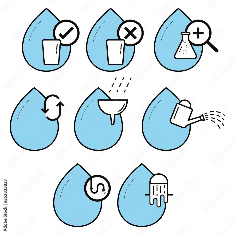 Water icon set. Typical household water use. Vector illustration. Stock ...