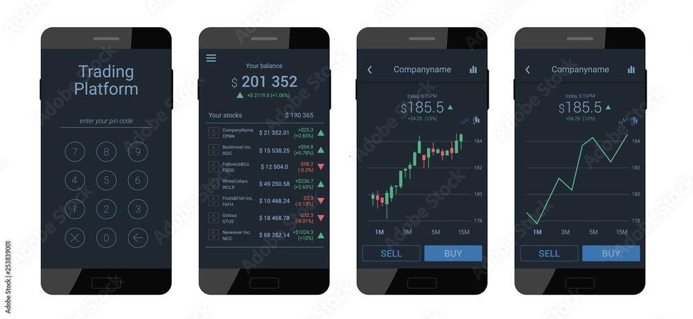Trading mobile interface for stock exchange. Different screens. Modern ...
