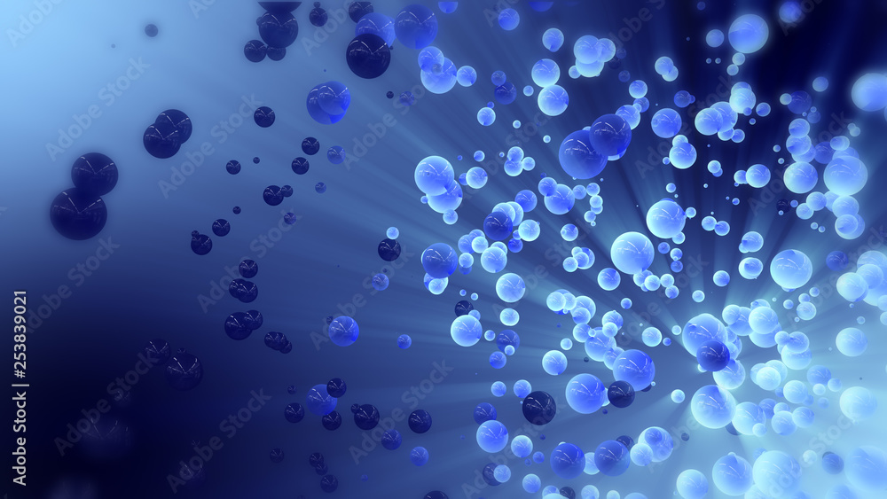 Blue abstract 3d rendering of chaotic spheres and ball. Flying particles in empty space. Dynamic ...