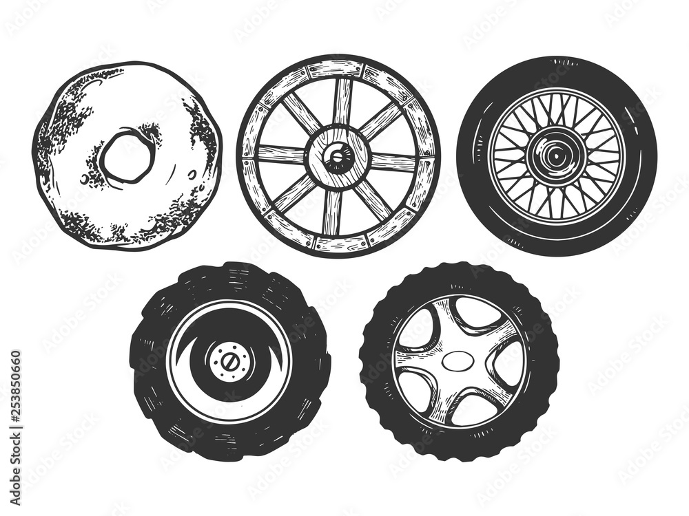 Wheels evolution sketch engraving vector illustration. Scratch board ...