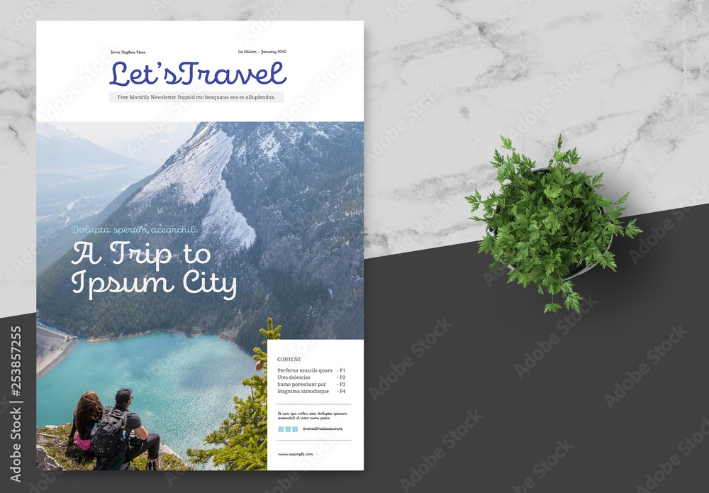 Travel Newsletter with Blue Accents Stock Template | Adobe Stock