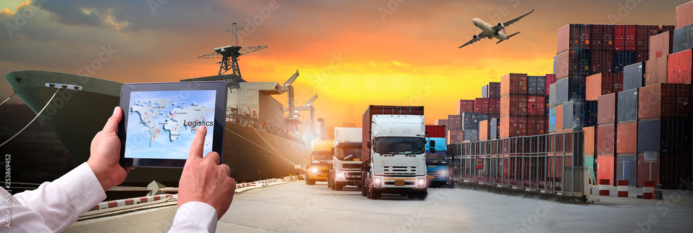 Double exposure of man with Transportation, import-export and logistics ...
