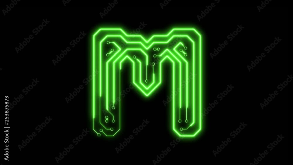 Animated green neon glowing alphabet letter M as circuit board style ...