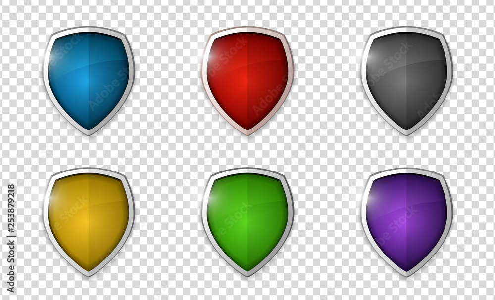Realistic shining shield icon pack isolated on transparent background ...