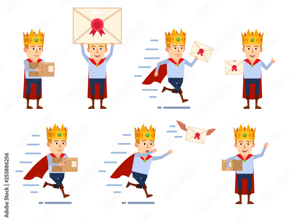 Set of medieval prince characters posing with letter and parcel box in ...