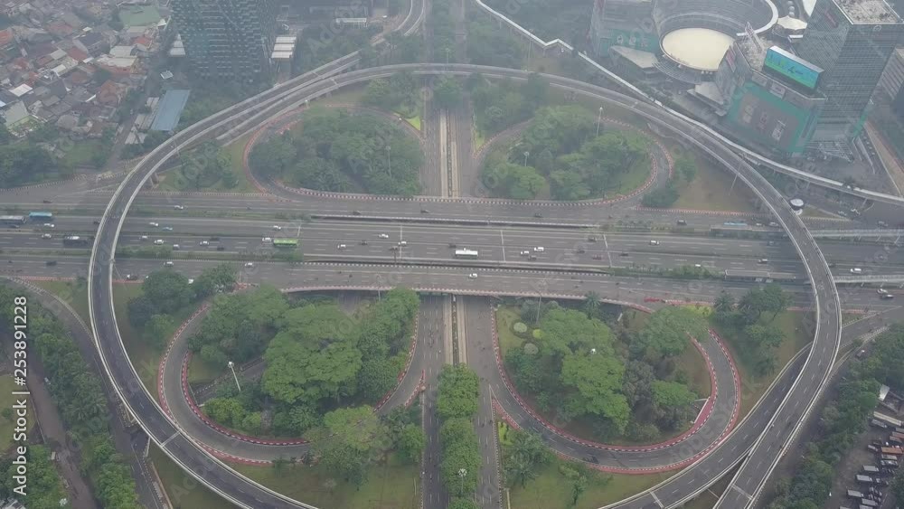 Drone shot of Semanggi Flyover in Jakarta. The flyover shape is similar ...