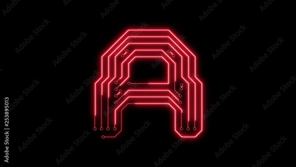 Animated red neon glowing alphabet letter A as circuit board style ...