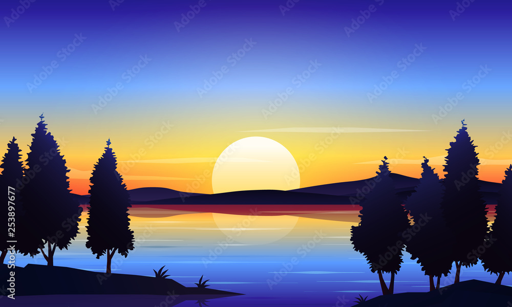 Beautiful dawn lake landscape vector background Stock Vector | Adobe Stock