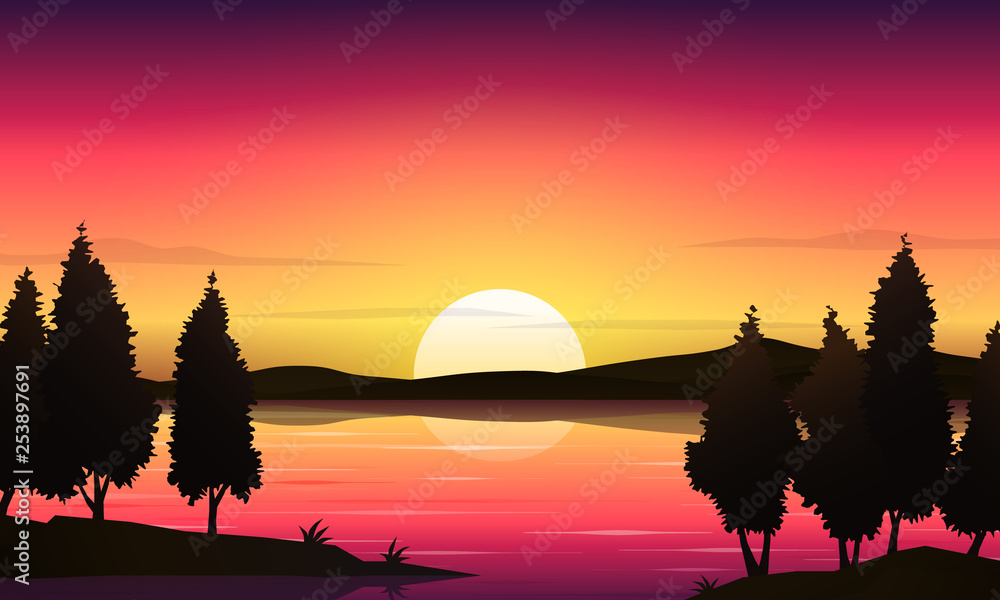Beautiful sunset lake landscape background Stock Vector | Adobe Stock