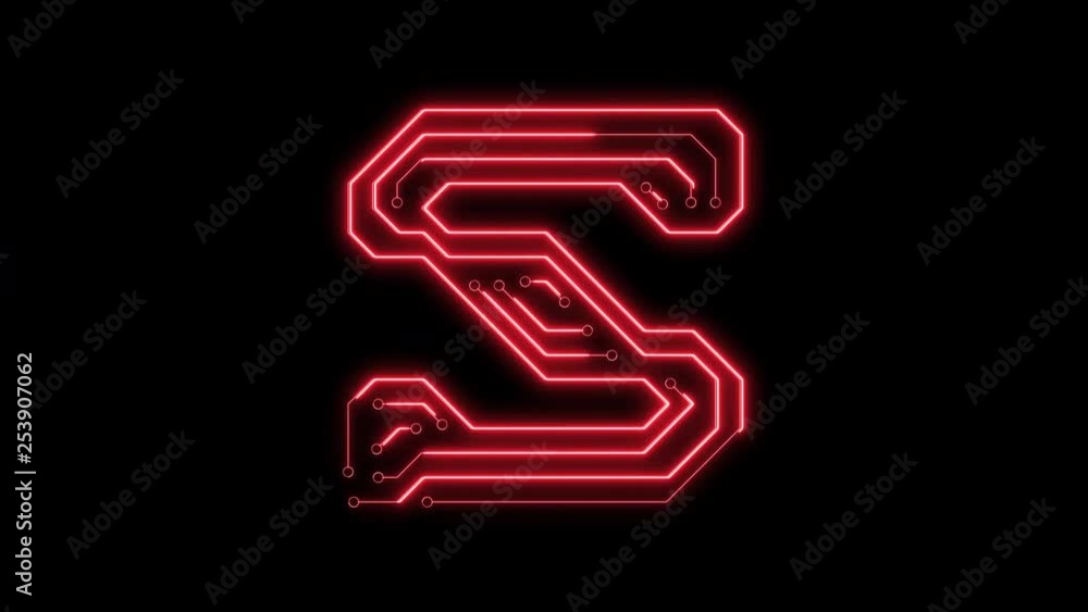 Animated red neon glowing alphabet letter S as circuit board style ...
