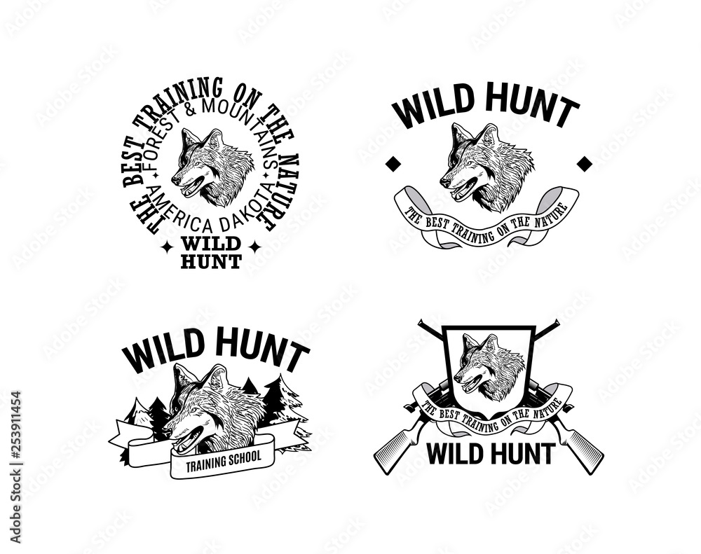Hunter's club logo design collection with wolf head and decorate text ...
