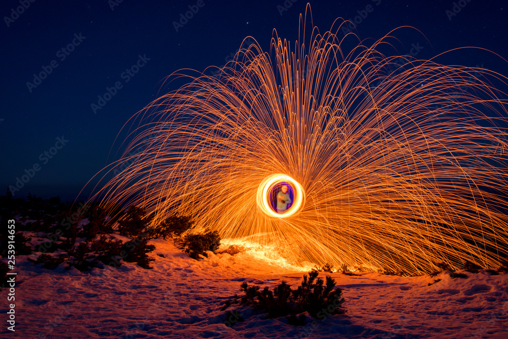 Fire swing on mountain in a cleary sky night Stock Photo | Adobe Stock
