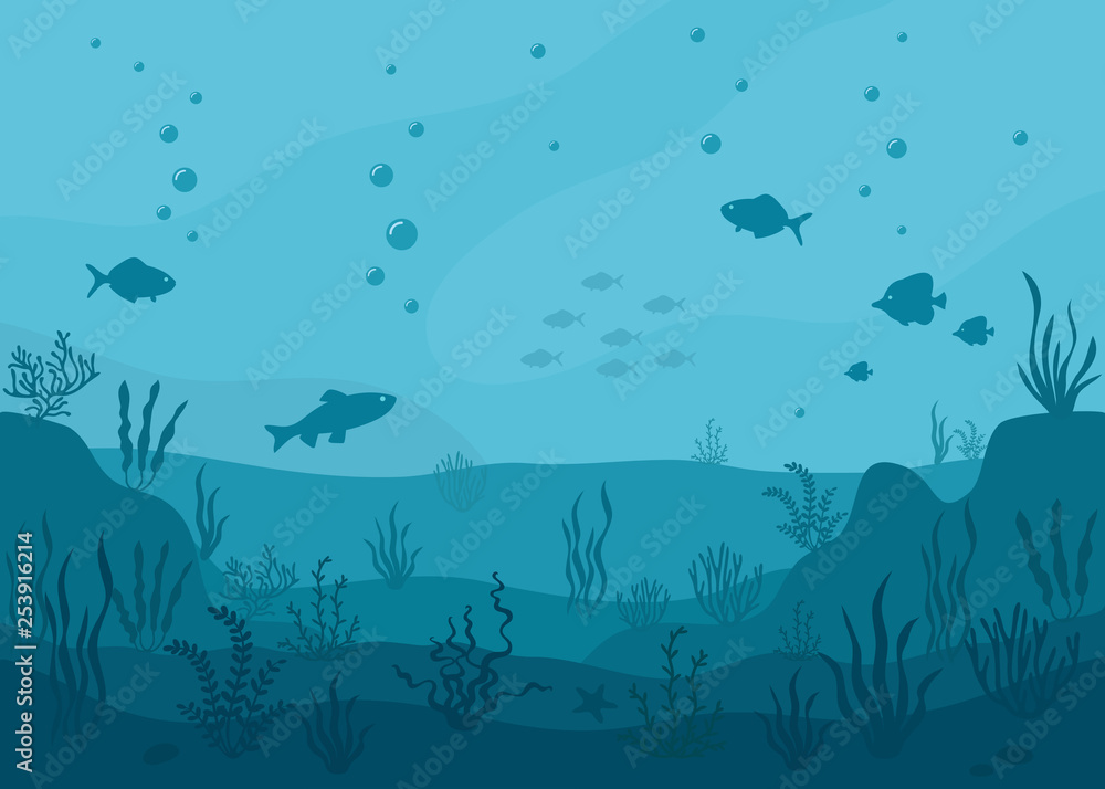 Sea underwater background. Marine sea bottom with underwater plants ...