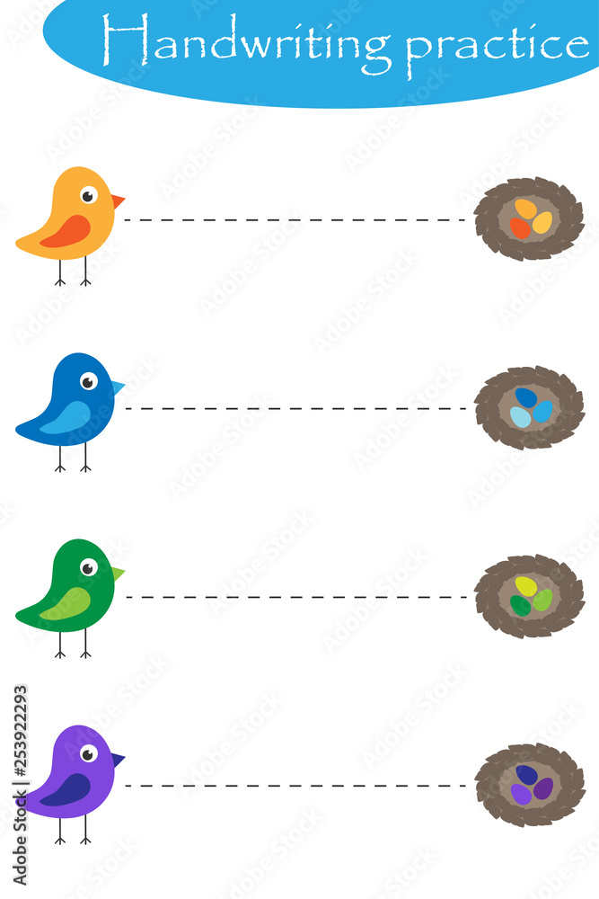 Birds and nestis, spring handwriting practice sheet, kids preschool ...