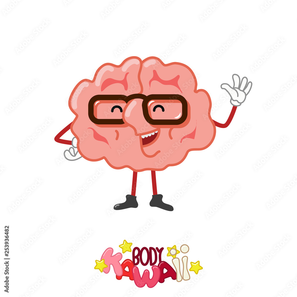 Kawaii cute cartoon character brain. Happy pink person in specs smiling ...