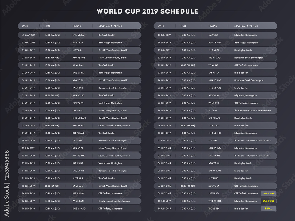 Vector illustration of world cup match schedule list with time ...