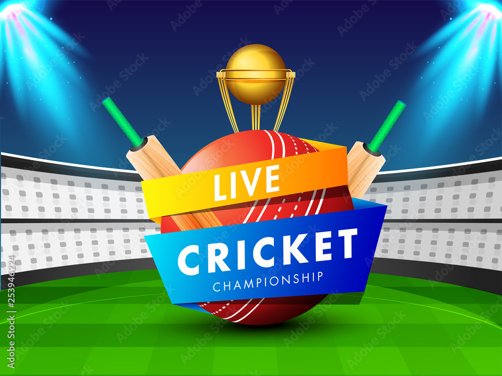 Vector illustration of cricket ball, bats and golden trophy on night ...