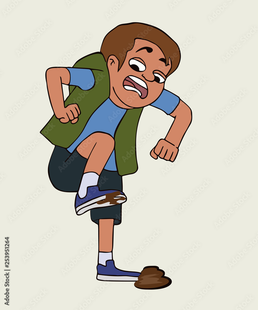 cartoon boy with scared face expression and raised leg stepped in poop ...