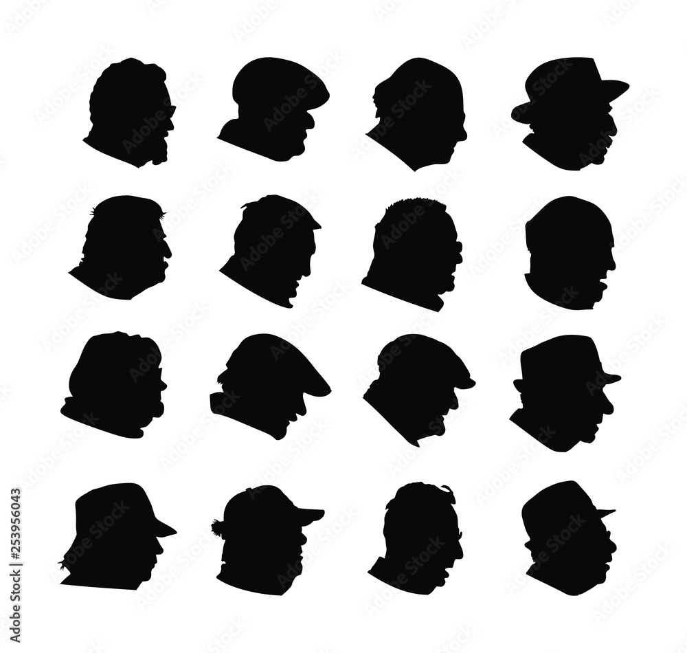 Set of senior people face profile vector silhouette isolated on white ...