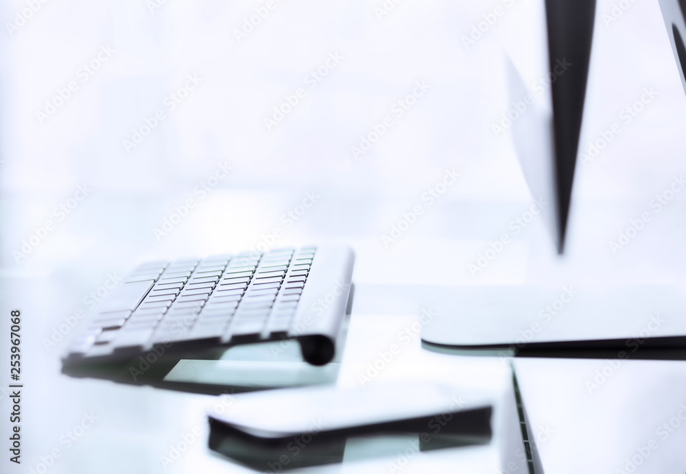 Business work desk with computer monitor and keyboard, office table ...