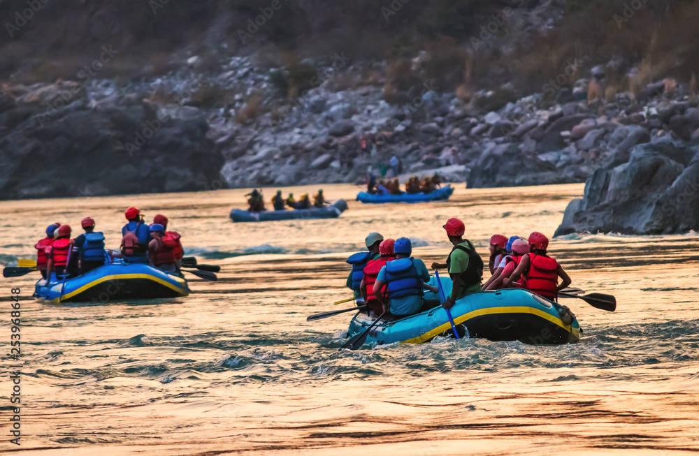Young person rafting on the river Ganges in Rishikesh, extreme and fun ...
